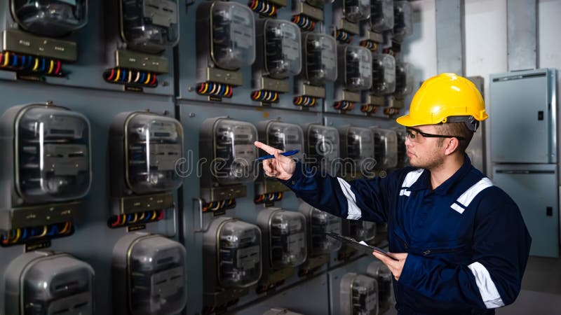 Electrical Maintenance Engineer is Checking .Electricity Meter, Main ...