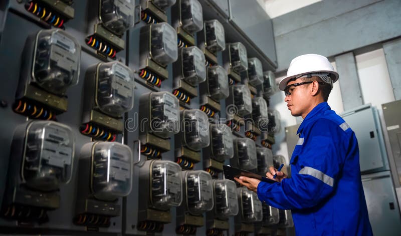 Electrical Maintenance Engineer is Checking .Electricity Meter, Main ...