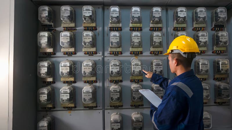 Electrical Maintenance Engineer is Checking .Electricity Meter, Main ...