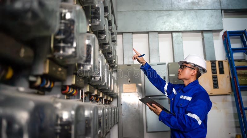 Electrical Maintenance Engineer is Checking .Electricity Meter, Main ...