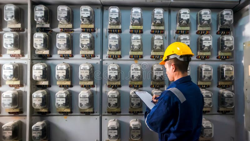 Electrical Maintenance Engineer is Checking .Electricity Meter, Main ...