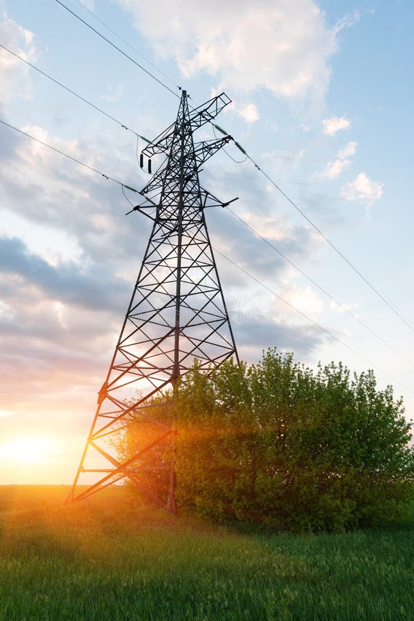 Electrical Net of Poles on a Panorama of Blue Sky and Green Meadow ...