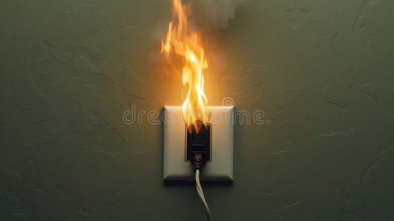Electrical Outlet with a Plug Inserted into it, from Which Flames and ...