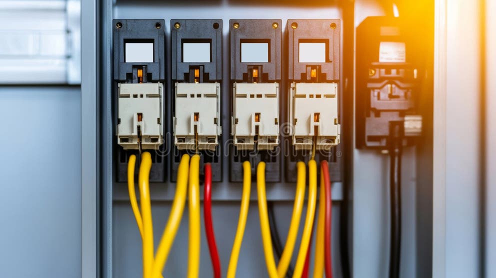 Electrical Panel with Circuit Breakers, Multicolored Wires Connecting ...