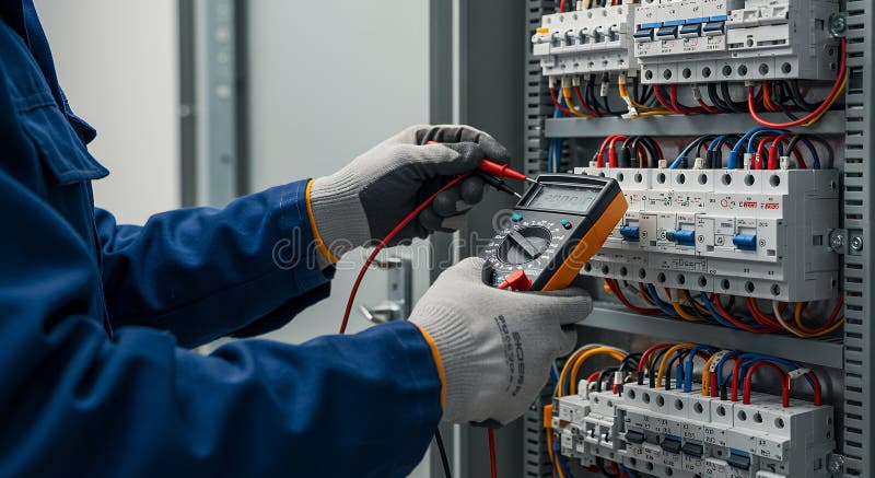 Electrical Panel Inspection Technician Testing Voltage with Multimeter ...