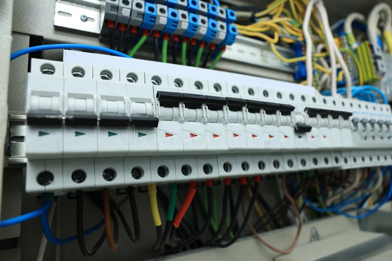Electrical Panel with Many Wires in Fuse Box, Closeup Stock Photo ...