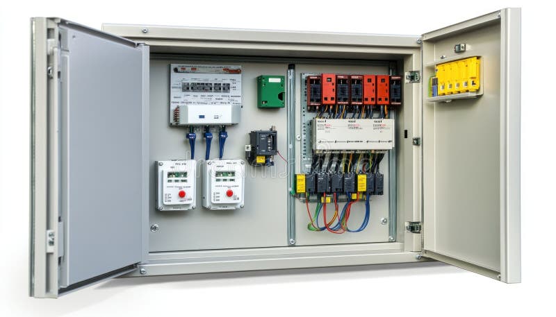 Electrical Panel with Open Doors Showing Circuit Breakers and Wiring ...