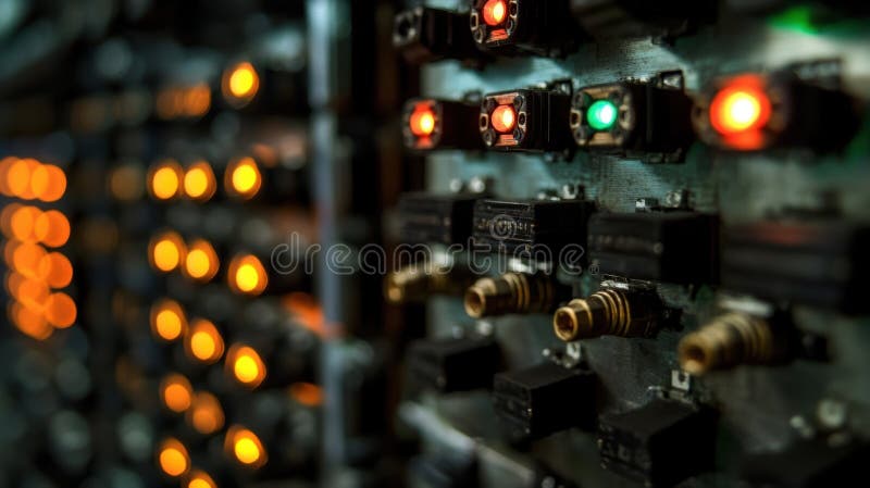 Electrical Panel with Red and Green Lights and Connectors Displaying ...