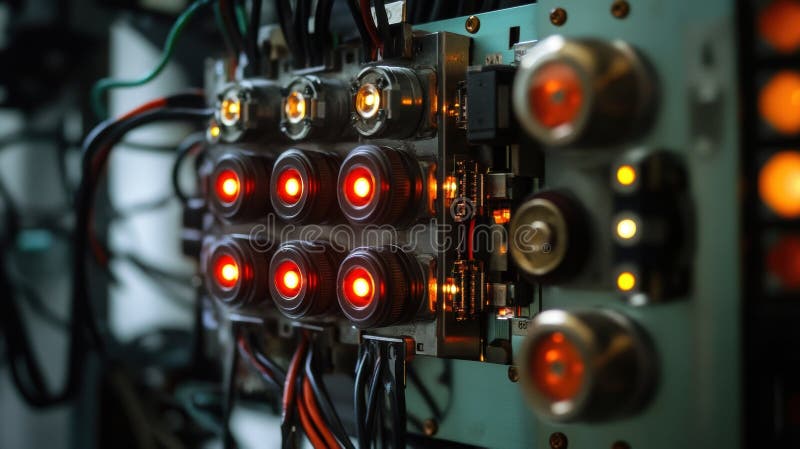 Electrical Panel with Red Lights Illuminating Manufacturing Facility ...