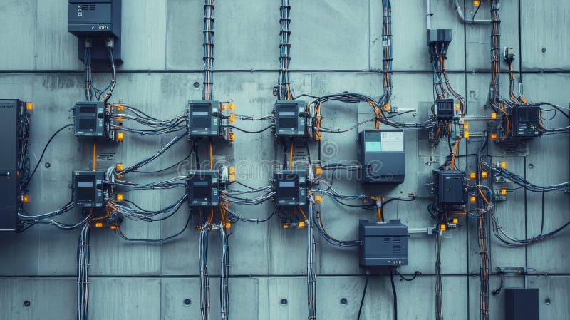 Electrical Panels and Wires Showing Complex Wiring System on Concrete ...