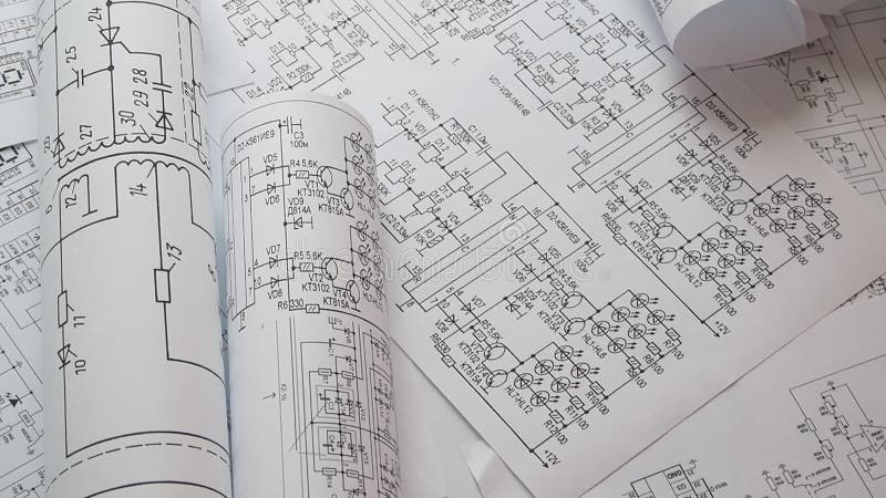 Electrical Engineering Drawings, Digital Multimeter and Pencils. Stock ...