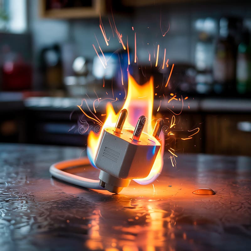Electrical Plug on Fire with Sparks and Water Flame 1 Stock ...