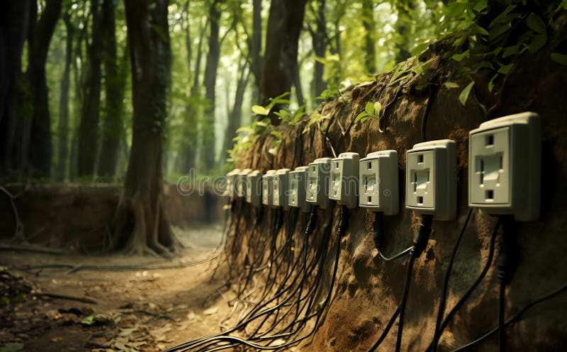 Electrical Plugs in the Ground between Tree Paths in the Forest Green ...