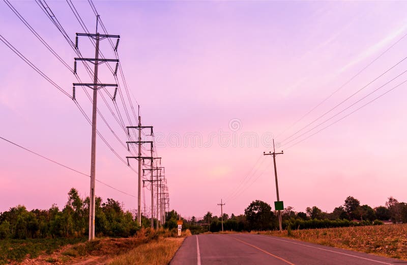 Electric Pole on Sunset Along the Road Stock Image - Image of sign ...