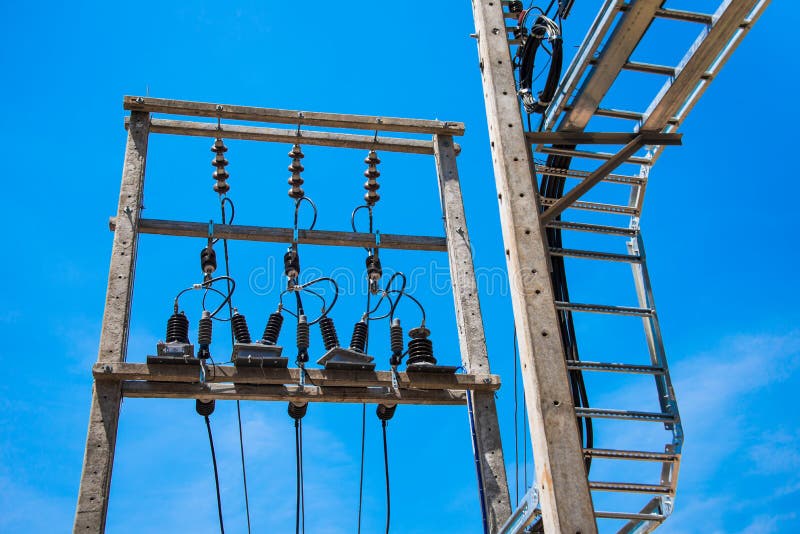 Electrical Post by the Road with Power Line Cables Stock Image - Image ...