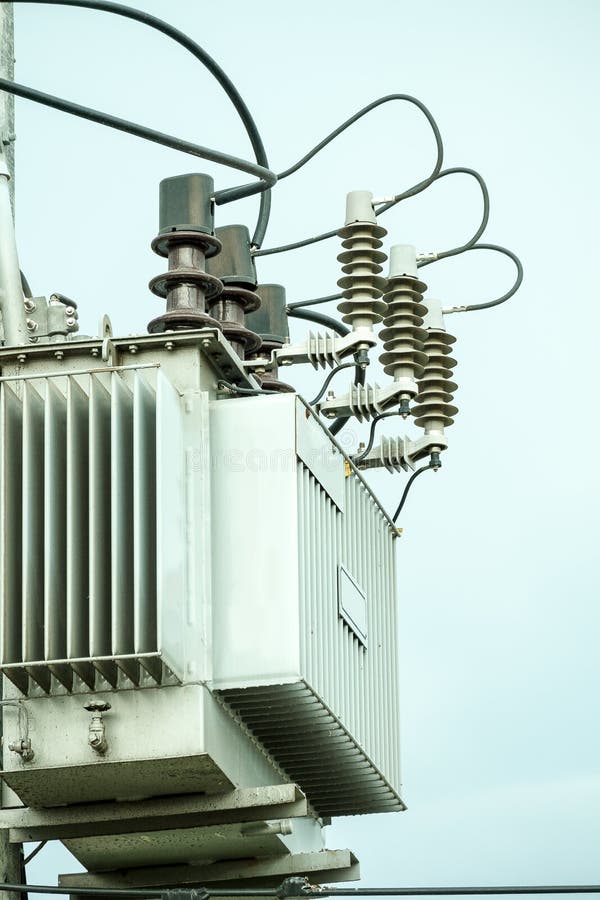 Electrical Post by the Road with Power Line Cables, Transformers and ...