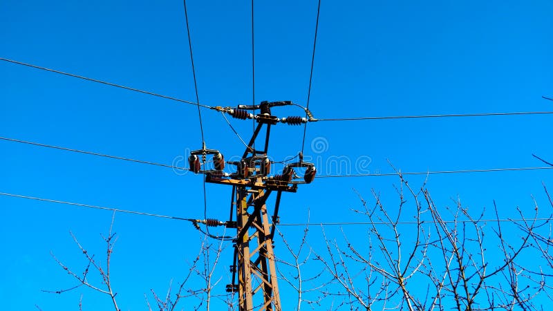 Electrical Power Distribution Grid Crossing Tower Stock Image - Image ...