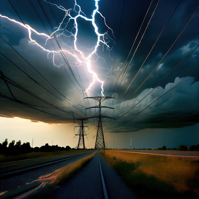 Electrical Power Line Breakage during Storm and Lightning Stock ...
