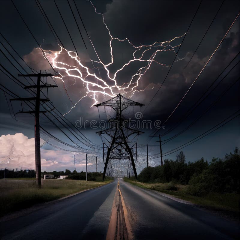 Electrical Power Line Breakage during Storm and Lightning Stock ...