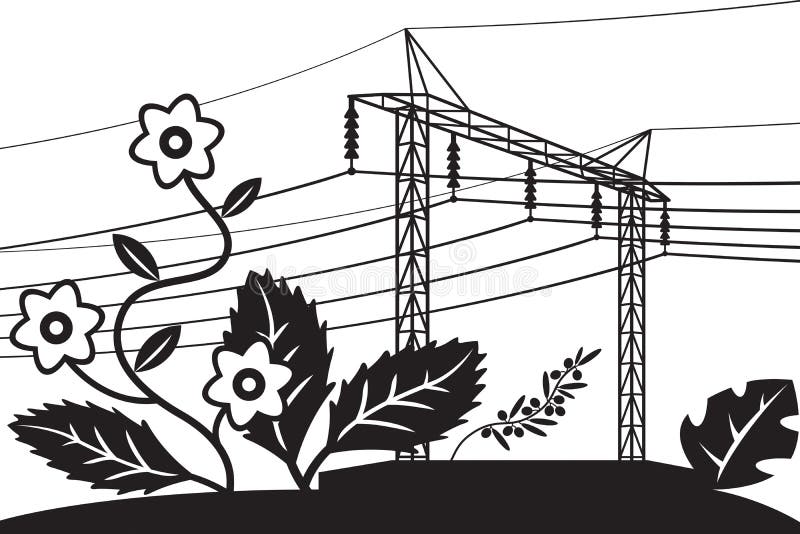 Electrical Power Line Over Field with Flowers Stock Illustration ...