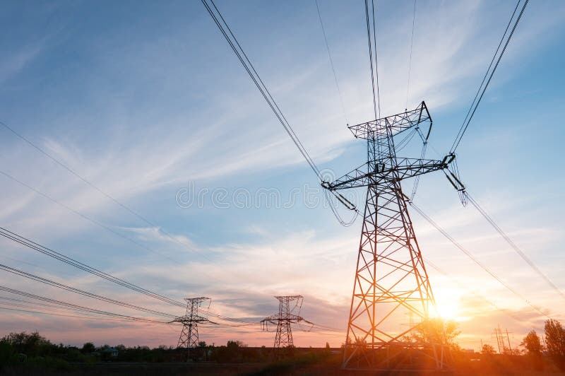 Electrical Power Lines and Towers at Sunset Stock Image - Image of ...