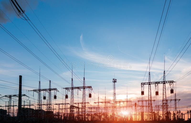 Electrical Power Lines and Towers at Sunset Stock Photo - Image of dusk ...