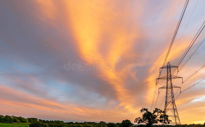 Electrical Power Lines and Towers at Sunset. Stock Photo - Image of ...