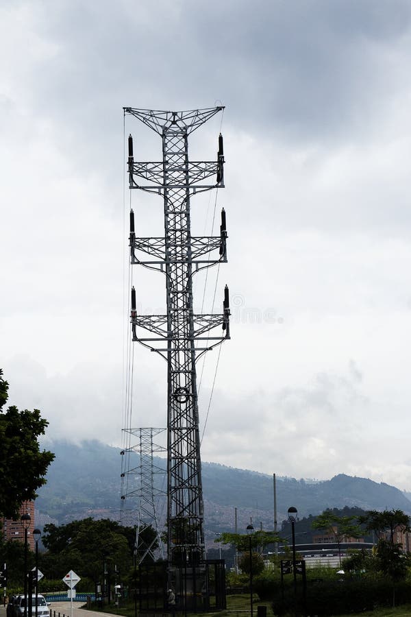 Electrical Power Pole High Power Cables on White Sky Stock Photo ...