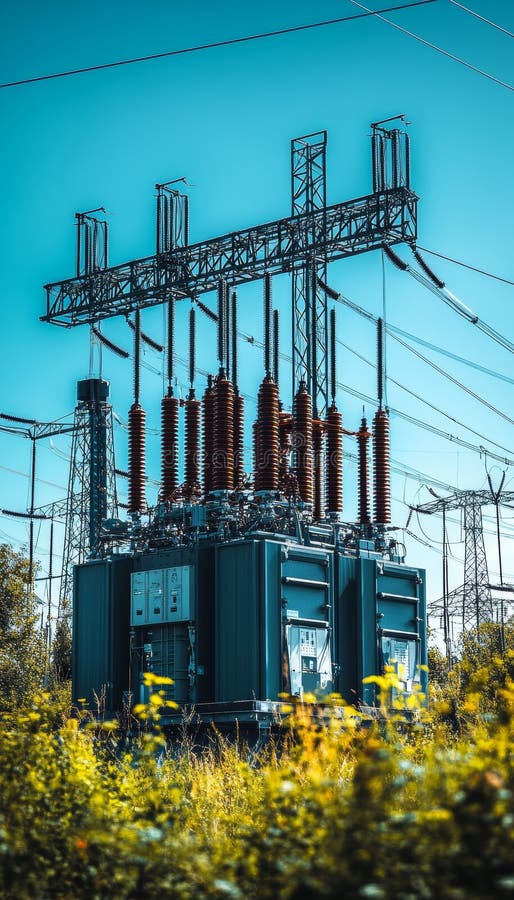 Electrical Power Substation, High-Voltage Transformers Under Clear Sky ...