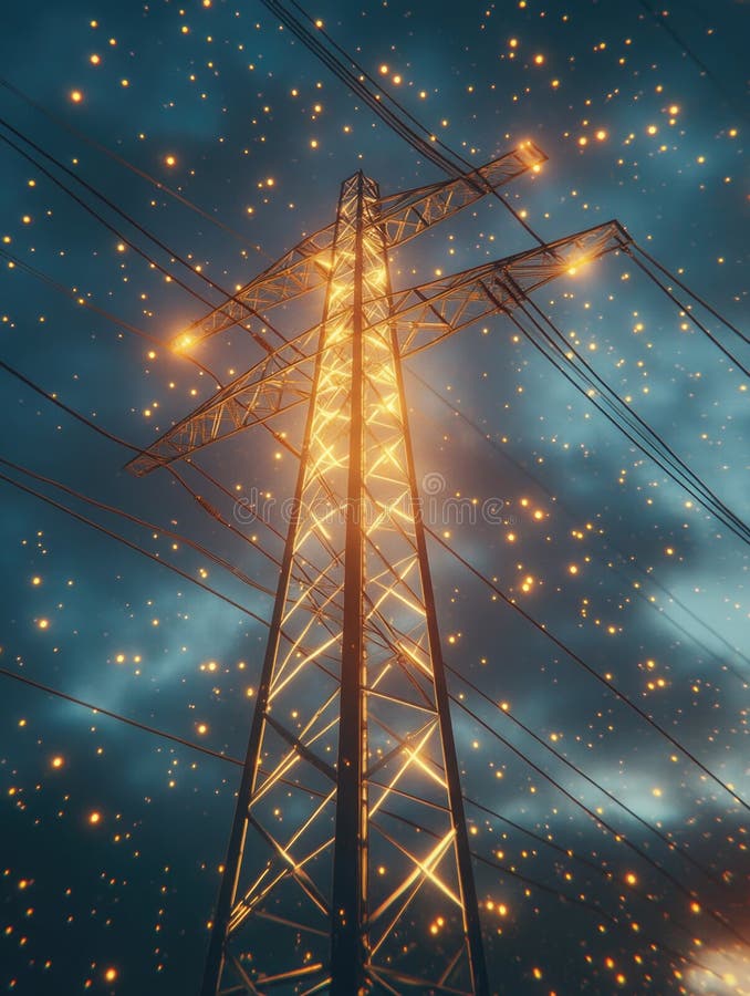 Electrical Power Tower at Night Stock Photo - Image of metal, night ...