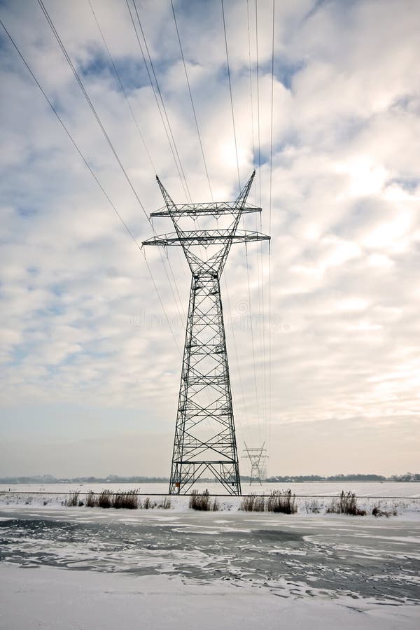 Broken Phase Electrical Power Lines with Hoarfrost on the Wooden ...