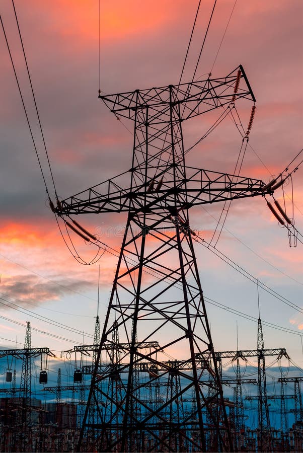Electrical Pylons on the Background of the Transformer Substation ...