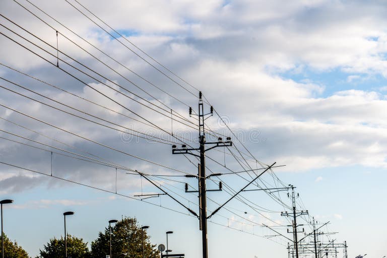Electrical Railway Lines Hanging Above the Tracks.. Stock Photo - Image ...