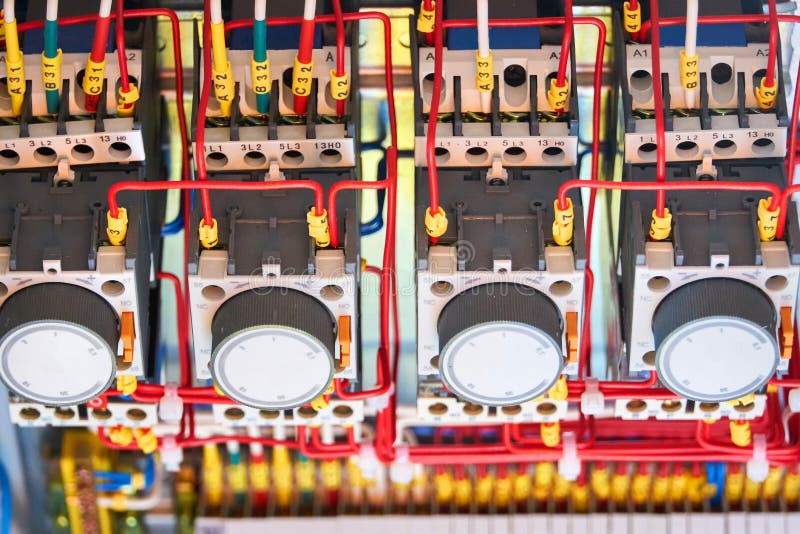 Electrical Relays with Connected Wires. Industrial Background Stock ...