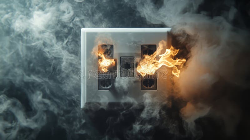 Electrical Socket Fire Hazard with Flames and Smoke Risk Stock Image ...