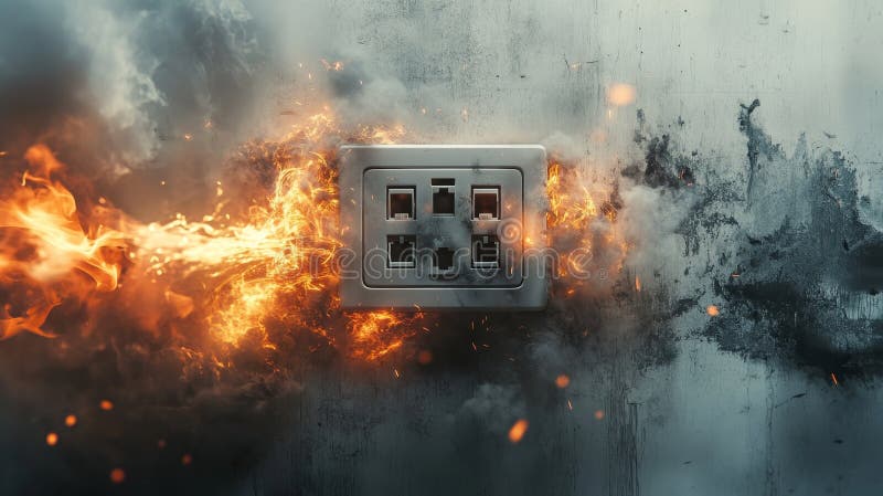 Electrical Socket Fire Hazard with Flames and Smoke Risk Stock Image ...