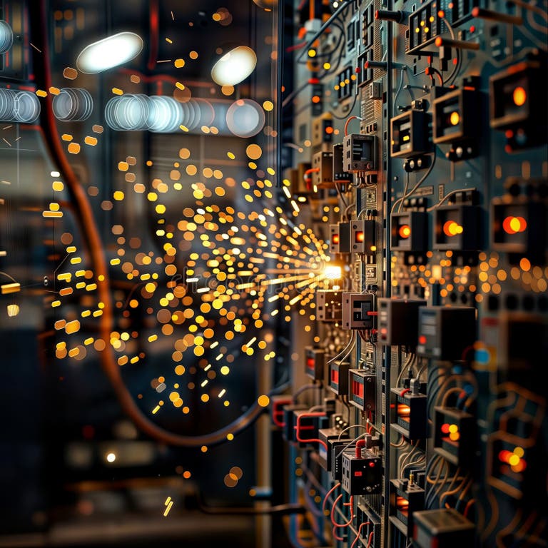 Powerful Spark Emitting from Complex Electrical Panel, Generative Ai ...