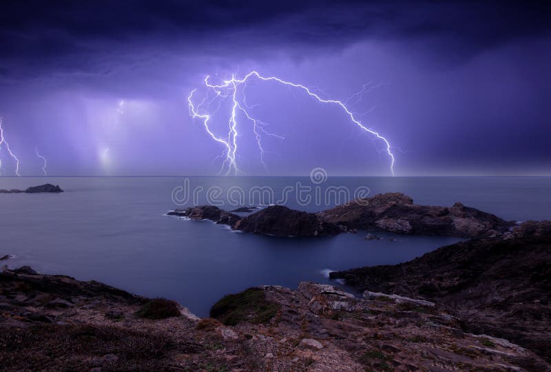 An Electrical Storm Over the Sea at Sunset Stock Image - Image of ocean ...