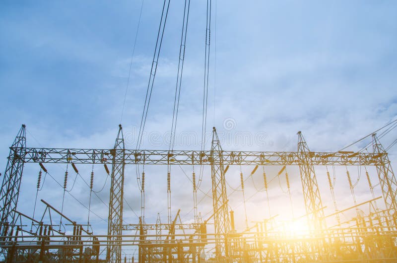 Electrical Substation on a Blue Sky Background Stock Image - Image of ...