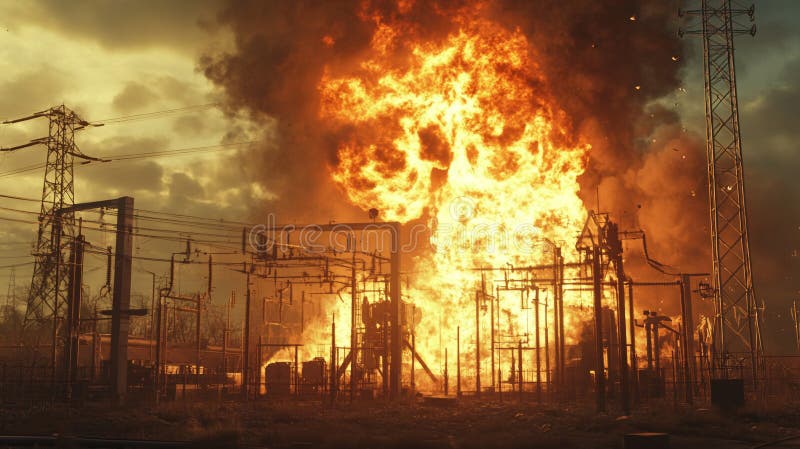 Electrical Substation Fire Power Grid Explosion Smoke Flames Danger ...