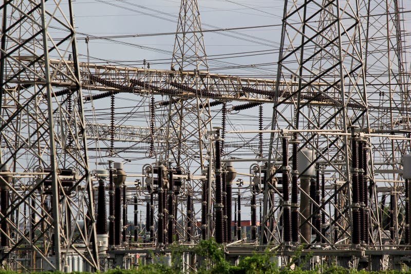 Electrical Substation with Multiple Power Lines, Insulators, and Metal ...