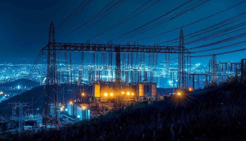 An Electrical Substation at Night, Illuminated by Bright Lights Stock ...
