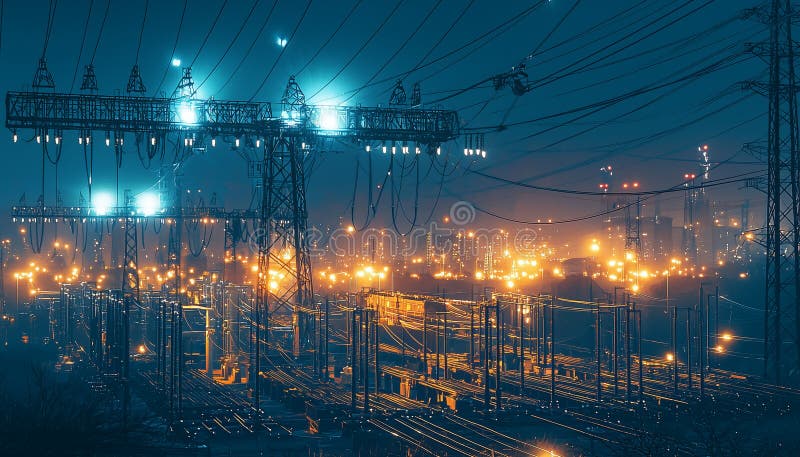 An Electrical Substation at Night, Illuminated by Bright Lights Stock ...