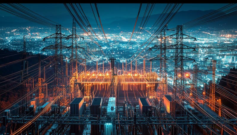 An Electrical Substation at Night, Illuminated by Bright Lights Stock ...