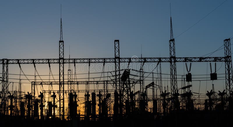 Electrical Substation Silhouette on the Dramatic Sunset Background ...