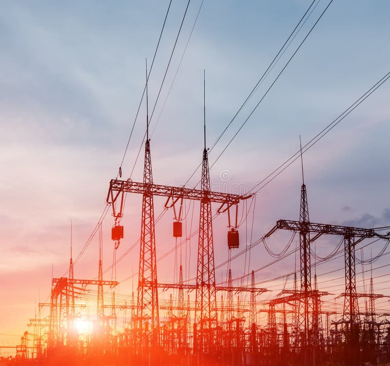Electrical Substation Silhouette on the Dramatic Sunset Background ...