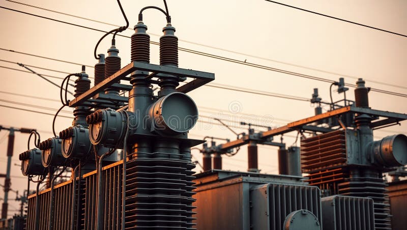 Electrical Substation with Transformers and Power Lines at Sunset Stock ...