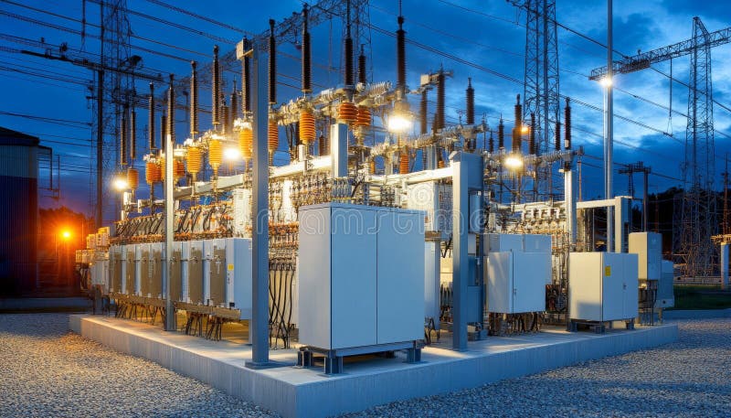 Electrical Substation at Twilight a Close-Up View of Energy ...
