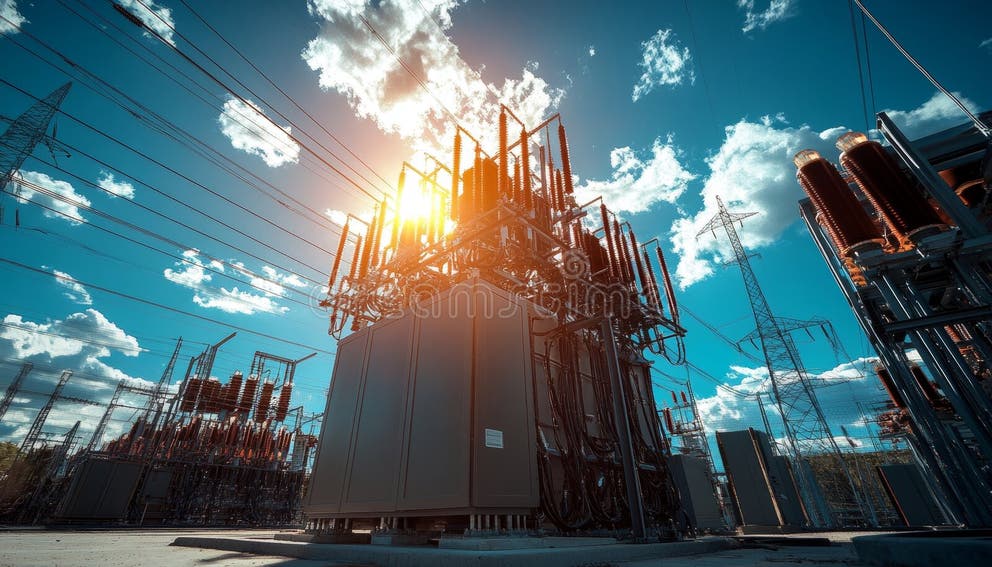 Electrical Substation Under a Blue Sky Power Distribution, Transformers ...