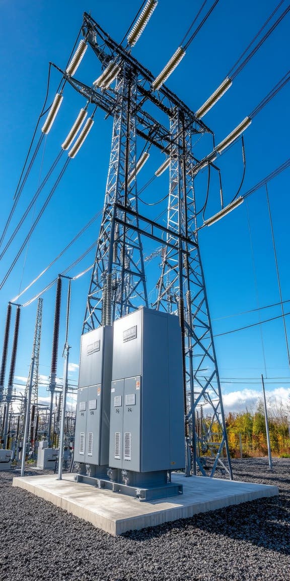 Electrical Substation Under a Clear Blue Sky Transformers, Insulators ...